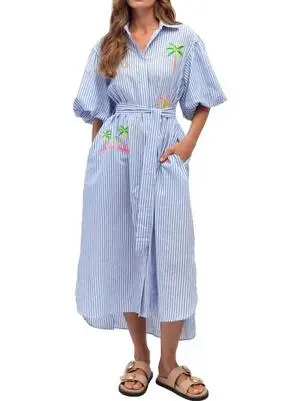LABEL OF LOVE Tropical Embroidered Shirt Dress - Blue