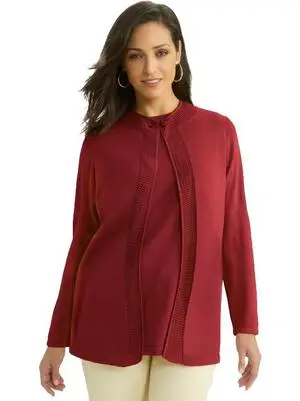 JESSICA LONDON Crochet Trim Cardigan - Rich Burgundy