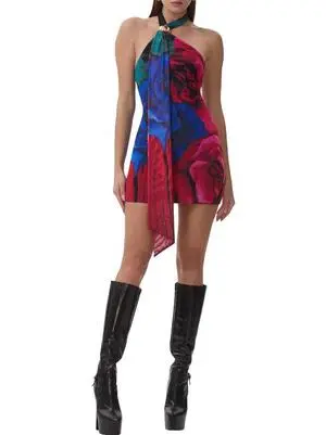 AFRM Brylee Halter Neck Mini Dress Multi Blur Rose