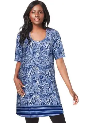 JESSICA LONDON Stretch Knit Tunic - Navy Paisley Border