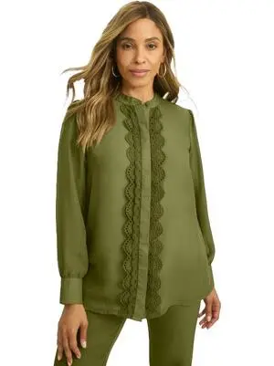 JESSICA LONDON Eyelet Trim Blouse - Moss Green
