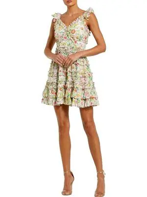 Mac Duggal Floral Printed Ruffled Tiered Mini Dress - White Multi