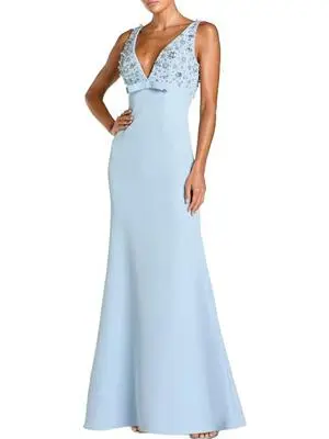 Mac Duggal Crepe Sleeveless Beaded V-neck Gown With Bow - Powder Blue