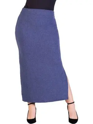 24SEVEN COMFORT APPAREL Ribbed Knit Maxi Skirt With Side Slit - Blue
