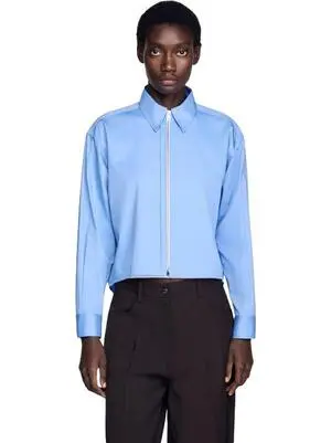 Sandro Cropped Cotton Shirt With Logo And Zip - Blue