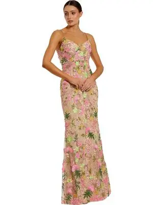 Mac Duggal Floral Rhinestone Embroidered Column Gown - Nude Multi