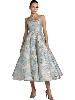 Mac Duggal Strapless Brocade A-line Midi Dress With Pockets - Powder Blue