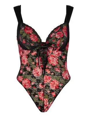 SAVAGE X FENTY Floral Lace Teddy - Black Caviar Rosy Passions