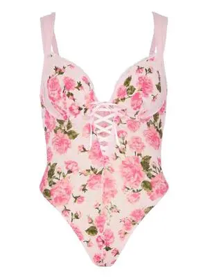 SAVAGE X FENTY Floral Lace Teddy - Sweet Pink Rosy Passions Print