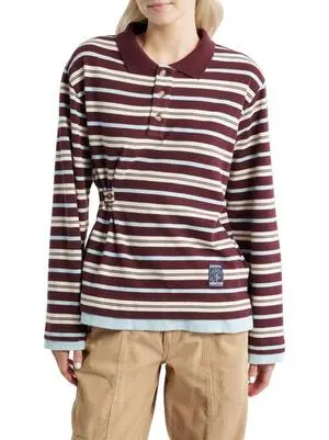 DAMSON MADDER Striped Rugby Top With Button Waist Detail - Chocolate/blue