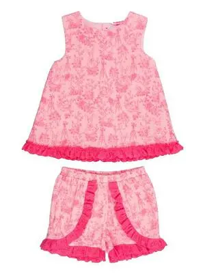 RUFFLEBUTTS Cotton Gauze Swing Top And Short Set - Pink Bunny Stripe