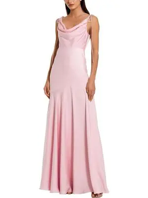 Mac Duggal Charmeuse Cowl Gown With Bow Straps - Powder Pink