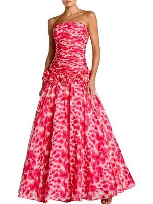 Mac Duggal Printed Chiffon Strapless Drop Waist Ballgown - Grapefruit Multi