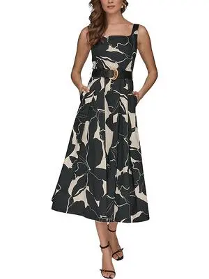 Donna Karan New York Sleeveless Belted Midi Dress - Balck/ Parchment