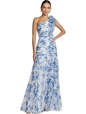 Mac Duggal Ruched Floral Chiffon Gown With 3d Ruffles - Blue Multi