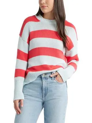 Caslon Stripe Roll Neck Cotton Sweater - Blue- Red Rugby Stripe
