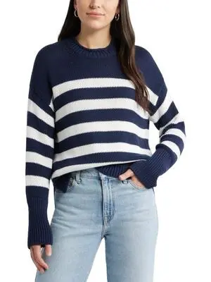 Caslon Stripe Roll Neck Cotton Sweater - Navy Still- White Stripe
