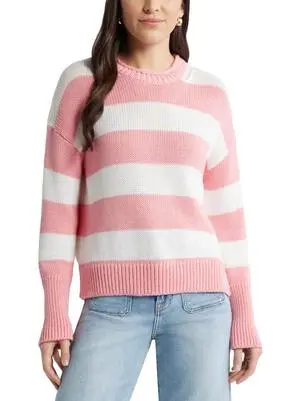 Caslon Stripe Roll Neck Cotton Sweater - Pink Dianthus- White Stripe