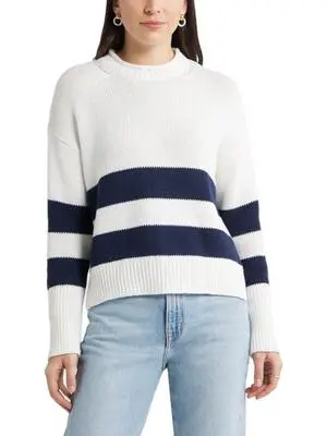 Caslon Stripe Roll Neck Cotton Sweater - White- Navy Placed Stripe