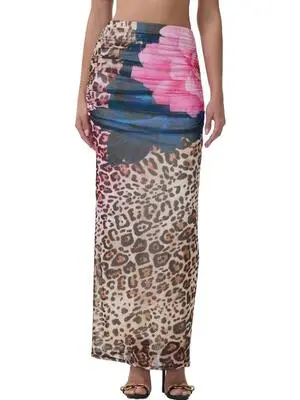 AFRM Bevin Printed Ruched Mesh Maxi Skirt - Animal Block Peony