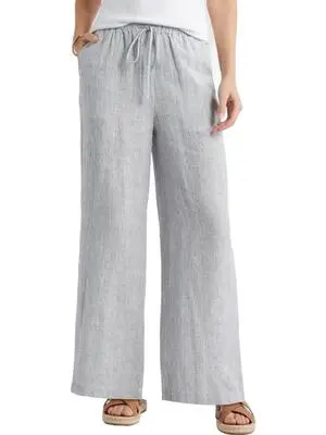 Caslon Easy Wide Leg Linen Pants - Blue Vintage White Leah Stripe