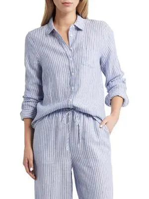 Caslon Casual Linen Button-up Shirt - Blue- Ivory Penny Stripe