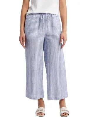 Caslon Wide-leg Linen Crop Pants - Blue- Ivory Penny Stripe