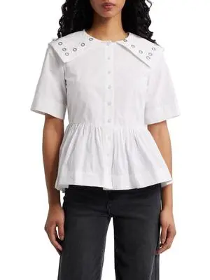 DAMSON MADDER Cyrus Grommet Collar Button-up Peplum Top - White
