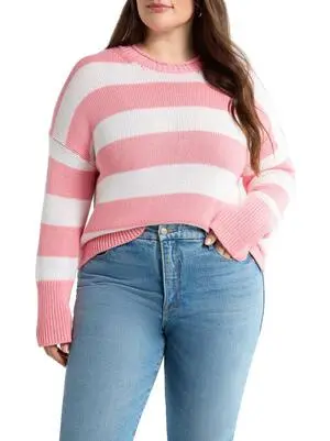 Caslon Stripe Roll Neck Sweater - Pink Dianthus- White Stripe