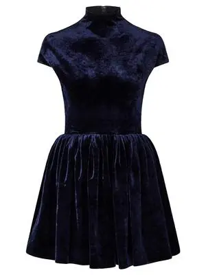 Alaïa Pleated Velvet Turtleneck Mini Dress - Navy