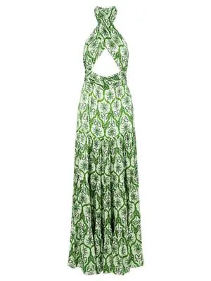 CRISTIANO MARCHELI Nina Cutout Printed Silk-blend Satin Maxi Dress - Green