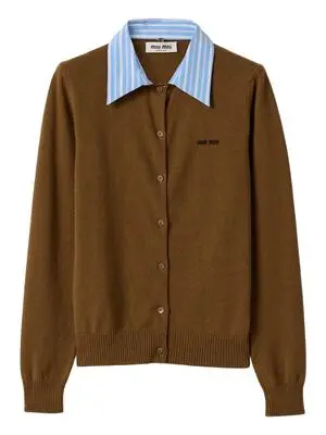 Miu Miu Cashmere Collared Logo Cardigan - Brown