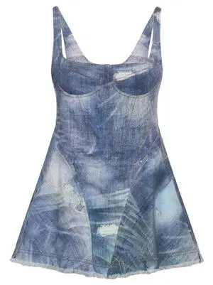 Roberto Cavalli Frayed Cotton Mini Dress - Blue