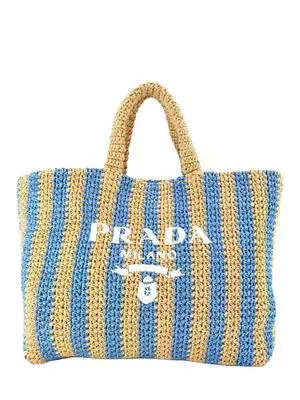 Prada Logo Raffia Large Tote Bag - Blue