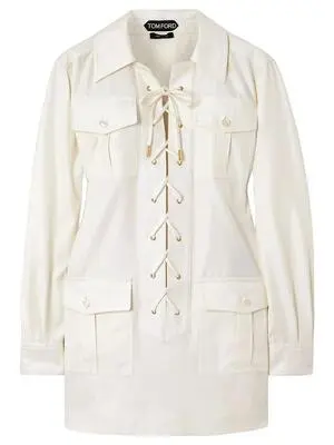 TOM FORD Lace-up Cotton And Silk-blend Twill Mini Dress - Ivory
