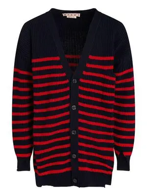 Marni Distressed Striped Ribbed Wool Cardigan - Midnight Blue