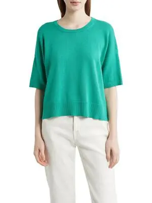 Eileen Fisher Elbow Sleeve Organic Cotton Blend Crewneck Sweater - Sea Star