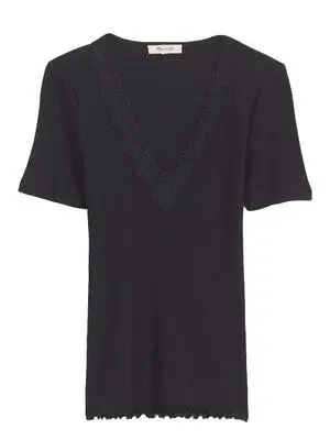 Madewell Lace Trim V-neck Rib Top - Jet Black