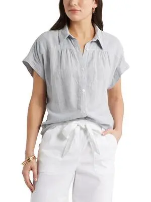 Caslon Short Sleeve Linen Blend Button-up Shirt - Blue Vintage Leah Stripe