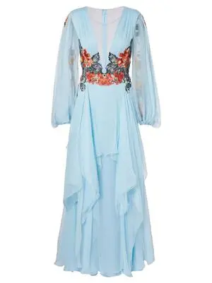 Costarellos Floral Silk Gown - Blue