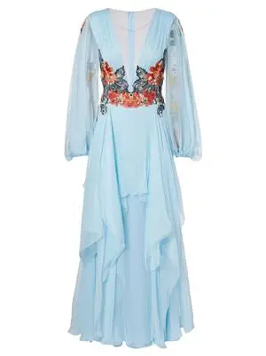 Costarellos Floral Silk Gown - Blue