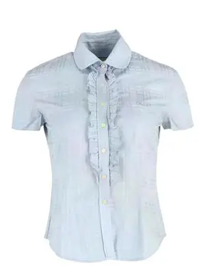 Burberry Checkered Short Sleeve Shirt With Ruffle Trim - Blue