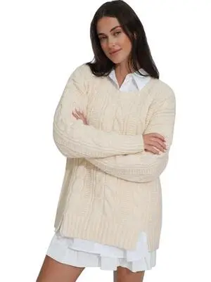 BELLE & BLOOM Oversized Cable Knit Crewneck Sweater - Beige