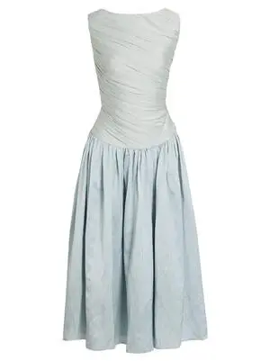 ABADIA Ora Pleated Chiffon And Dupioni Midi Dress - Sky Blue