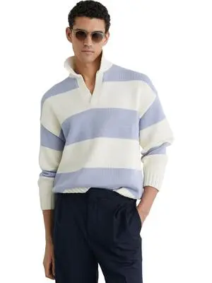 REISS Cotton-blend Open-collar Rugby Jumper - White/soft Blue Melange