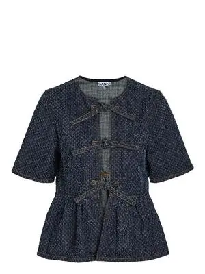 GANNI Tweed-effect Peplum Blouse - Denim