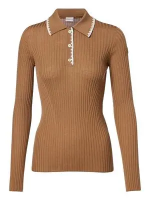 Moncler Ribbed-knit Virgin Wool Polo Sweater - Brown
