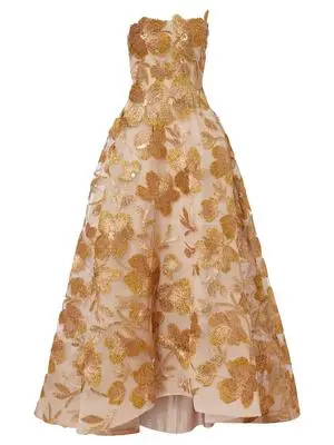 Monique Lhuillier Embroidered Strapless Gown - Gold
