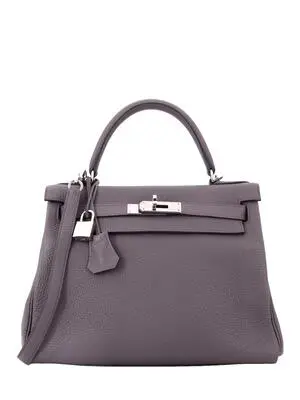 HERMES Kelly Handbag 28 Grey Clemence With Palladium Hardware - Etain