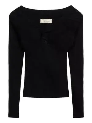 Blumarine V-neck Ribbed Knit Top - Black